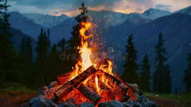 Campfire in the Mountains at Sunset with a River Flowing and Fog in the ...