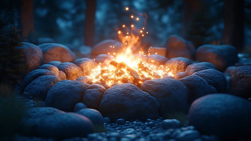 Campfire Burning Brightly among Forest Rocks Stock Photo - Image of ...