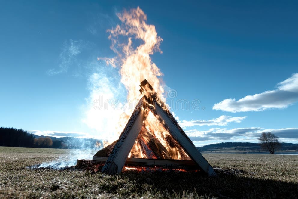 Campfire Burning Brightly in Open Field Under Clear Blue Sky Stock ...