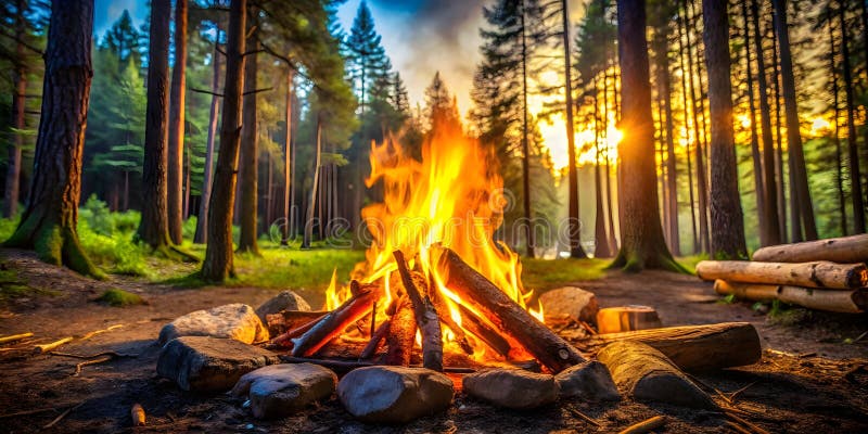 Campfire Burning Brightly Surrounded by Trees in the Woods Stock ...