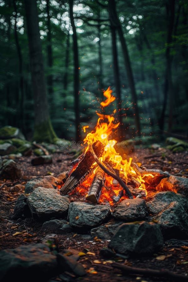 Campfire Burning in Dense Forest Stock Image - Image of light, camping ...