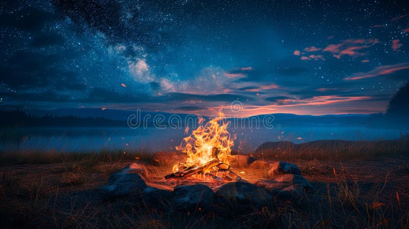 Campfire Burning in Field at Night Stock Photo - Image of environment ...