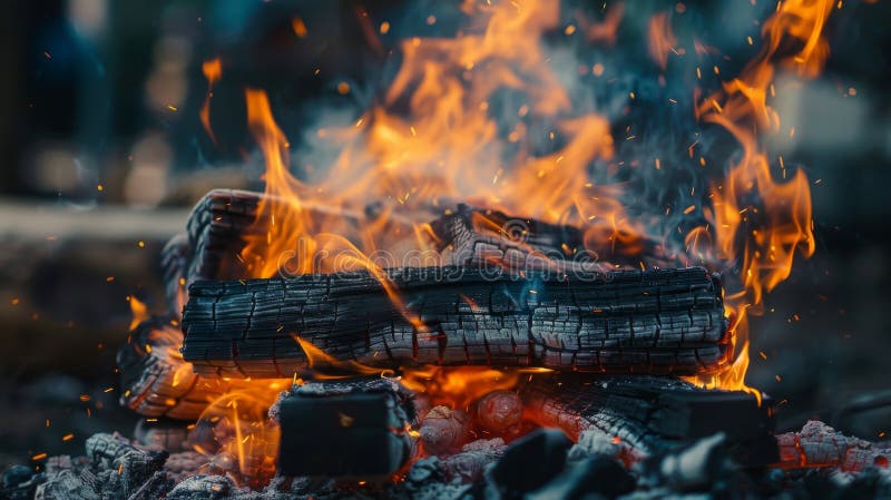 A Campfire Burning in a Fire Pit Made of Stacked Stones. Flames and ...
