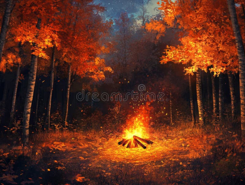 A Campfire Burning in a Forest of Autumn Colors Stock Illustration ...