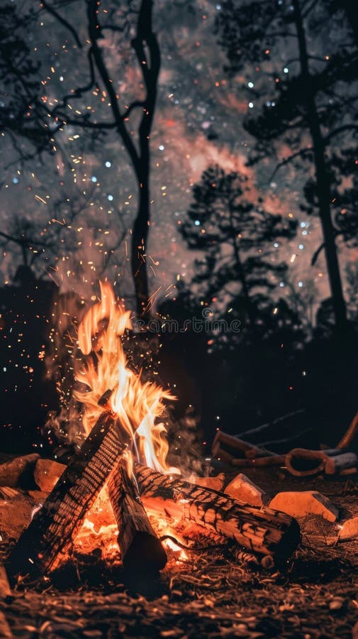 Campfire Burning in Forest Clearing Stock Illustration - Illustration ...