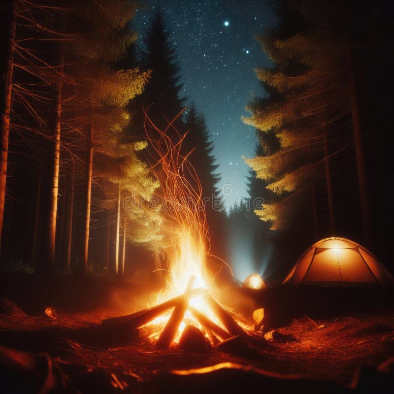 Campfire Burning in Forest Clearing Stock Photo - Image of shadows ...