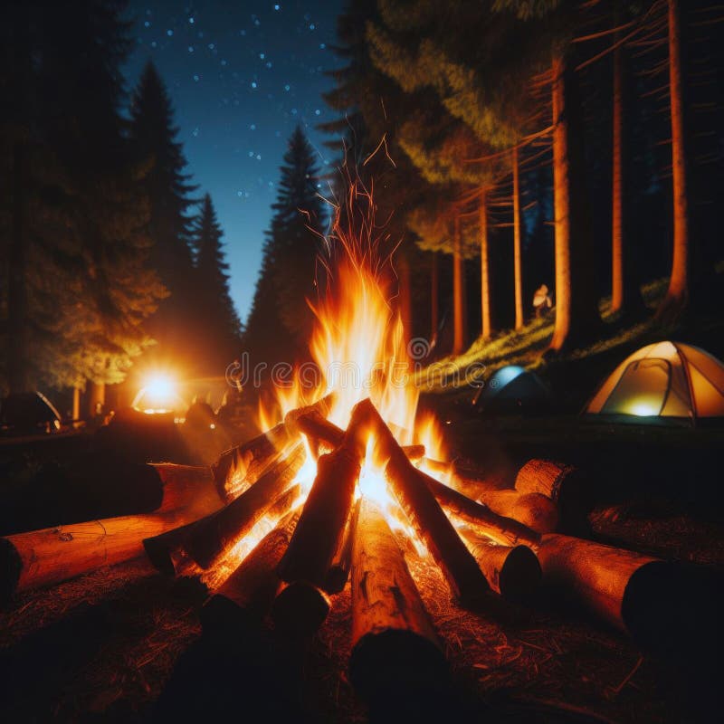 Campfire Burning in Forest Clearing Stock Photo - Image of flames ...