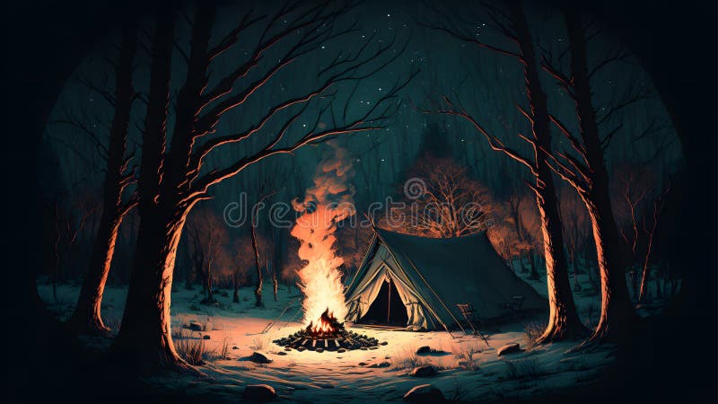 Campfire is Burning in Front of Tourist Tent in Night Forest, Neural ...