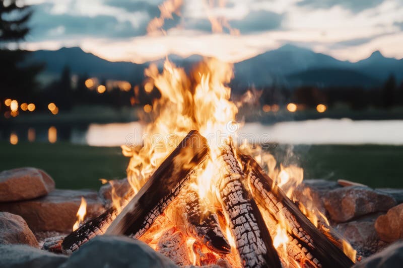 Campfire Burning by a Lakeside with Mountains in Background Stock Photo ...
