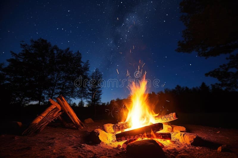 A Campfire Burning Low Under Starlit Sky Stock Photo - Image of burning ...