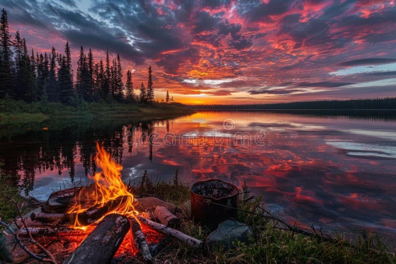 Campfire Burning Near Lake Reflecting Dramatic Sunset Sky Stock Photo ...