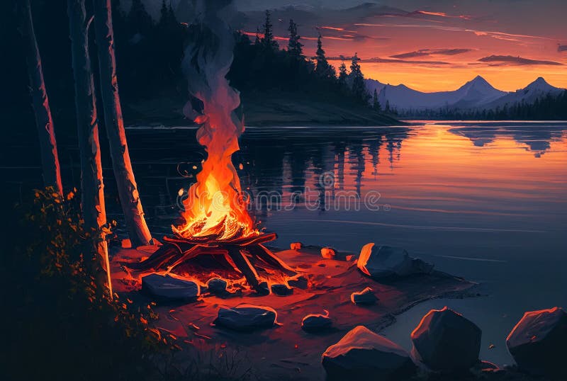 Sunrise Campfire Burning Near Mountain Lake - Generative AI Stock ...