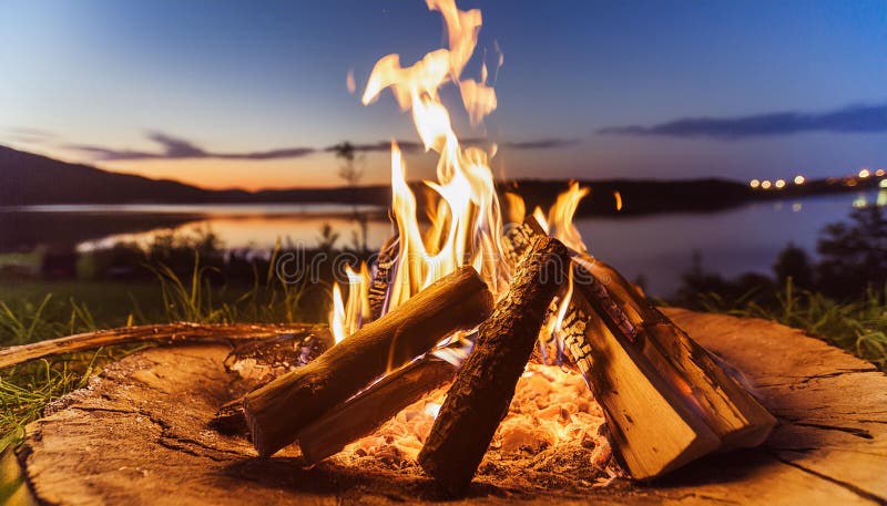 Campfire Burning at Night. Hot Flames, Large Firewood Stock ...
