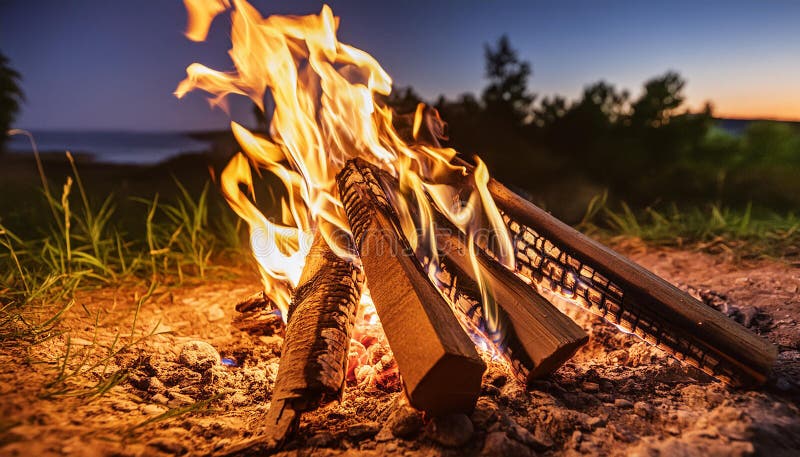 Campfire Burning at Night. Hot Flames, Large Firewood Stock ...