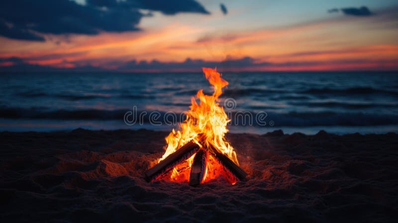 Campfire Burning on Sandy Beach at Sunset with Ocean Waves in ...