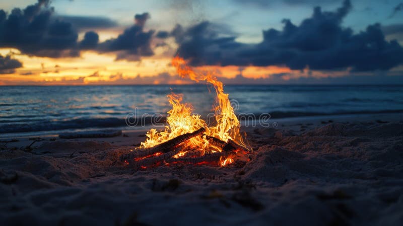 Campfire Burning on Sandy Beach at Sunset with Ocean Waves in ...