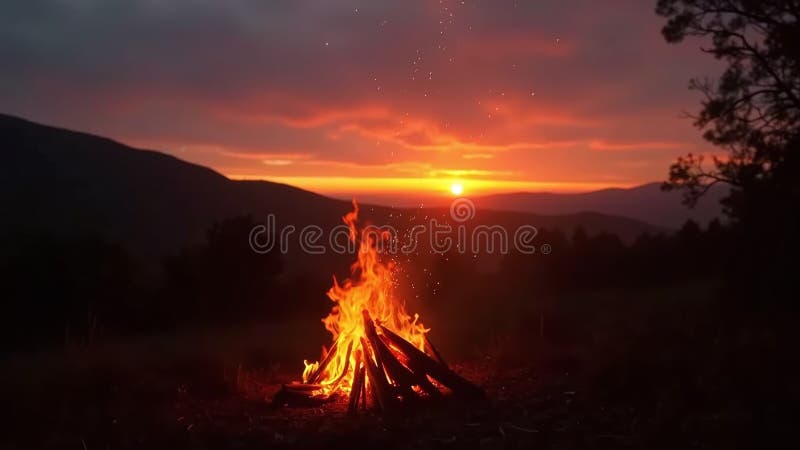 Campfire Burning at Sunset with Mountain Backdrop Stock Illustration ...