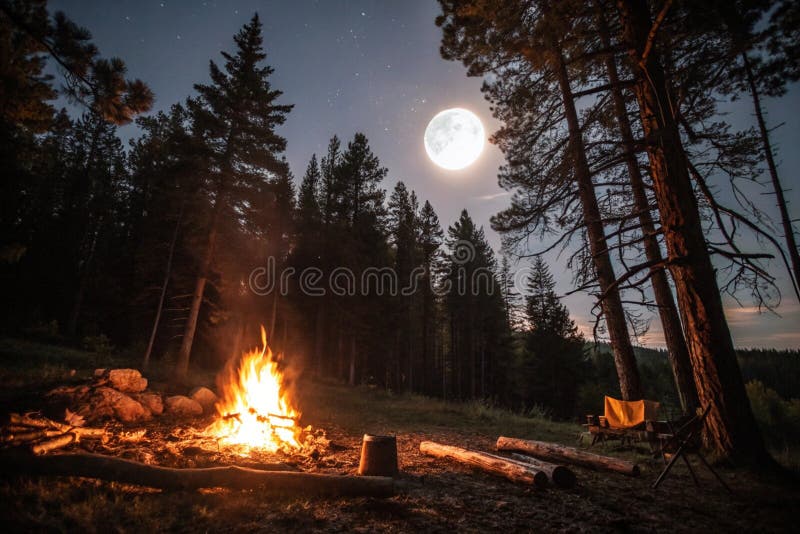 Camp fire in the moonlight stock illustration. Illustration of ...