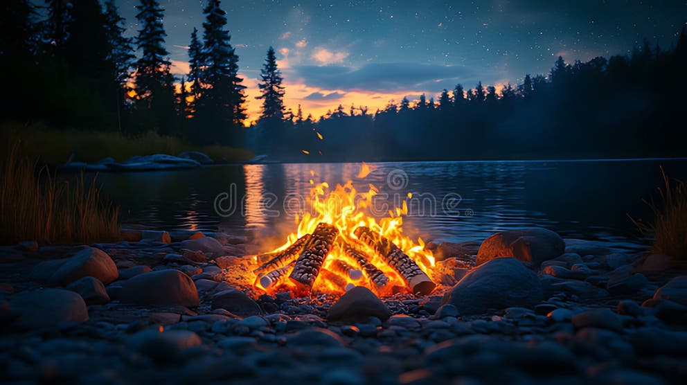 Campfire Burns Bright on Lakeshore at Dusk Stock Illustration ...
