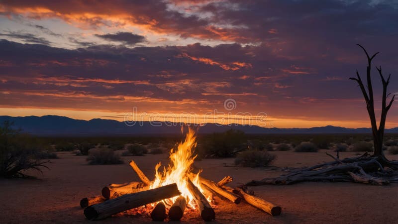 Fiery Sunset Campfire in Desert Landscape with Dramatic Sky Stock ...