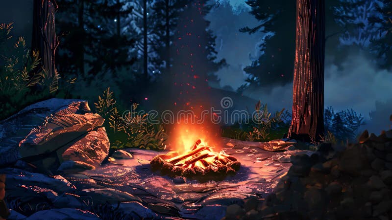 A Campfire Burns Brightly in the Dark Forest, Casting Flickering ...