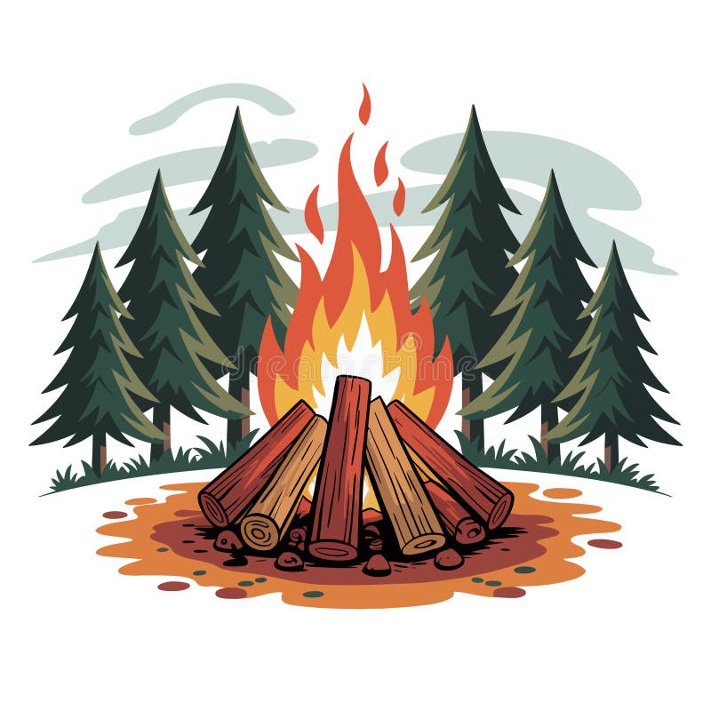 A Campfire Burns Brightly, Surrounded by Pine Trees Under a Cloudy Sky Stock Image ...