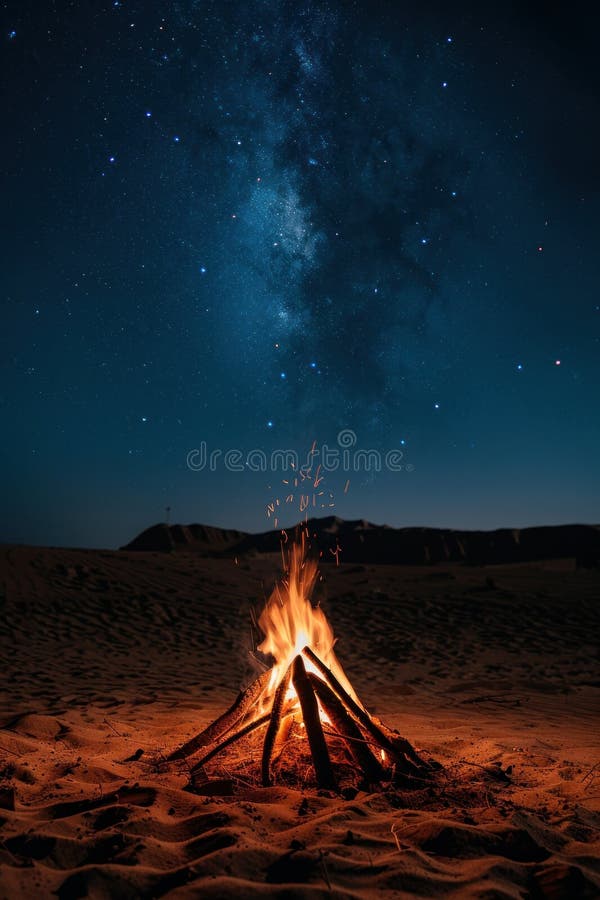 A Campfire Burns Brightly in the Vast Desert at Night, Casting a Warm ...