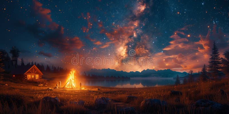 A Campfire Burns in a Field with a Cabin in the Background As Families ...