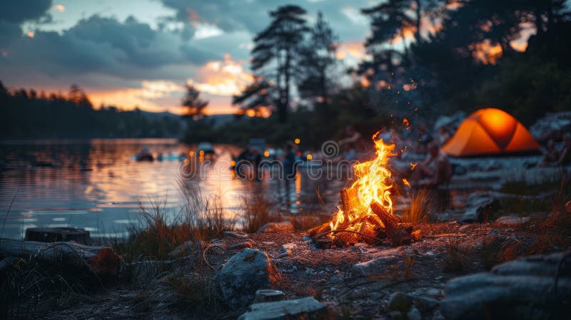 Campfire Burning Near Tent stock photo. Image of fire - 310344090