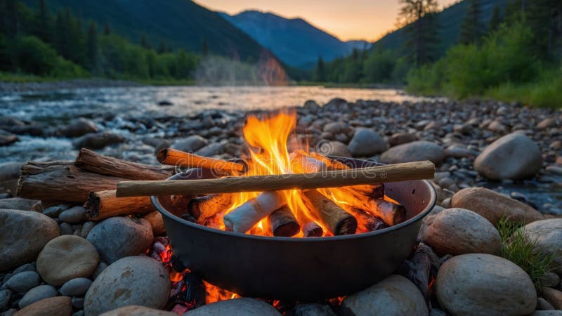 A Campfire Burns by a River, Surrounded by Stones and Mountains at ...