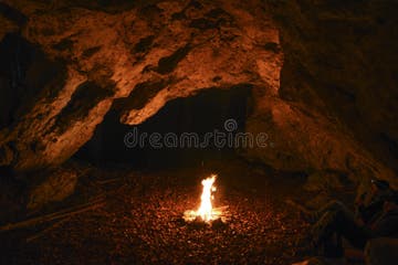 Campfire in the cave stock image. Image of adventure - 145661855