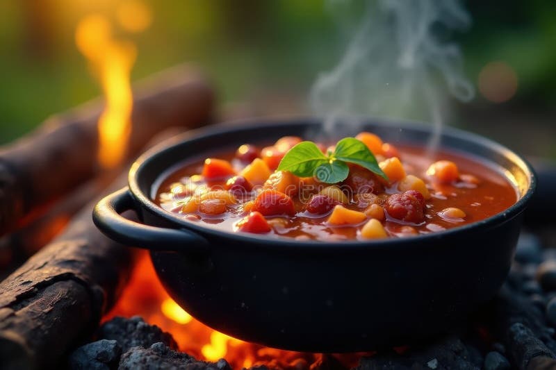 Campfire Chili Simmering Gently in Dutch Oven, Fire, Sunrise, Dutch ...