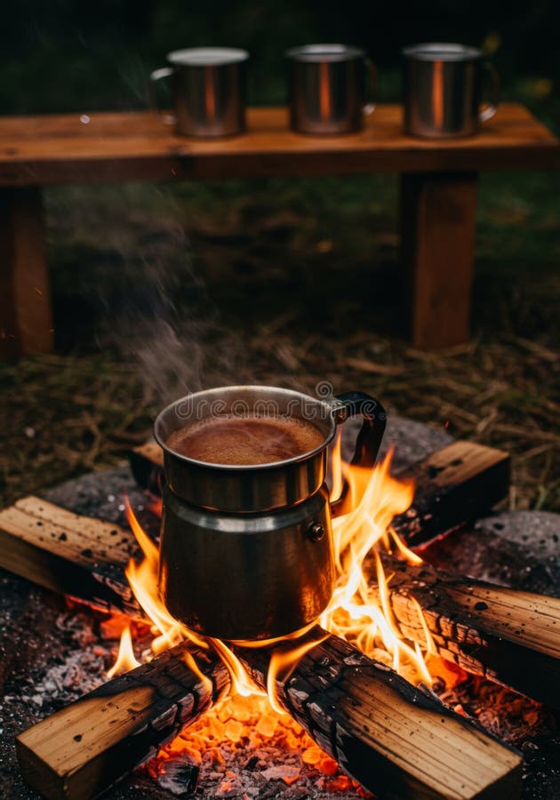 Campfire Coffee Brewing: Metal Pot on Burning Wood Stock Illustration - Illustration of camp ...