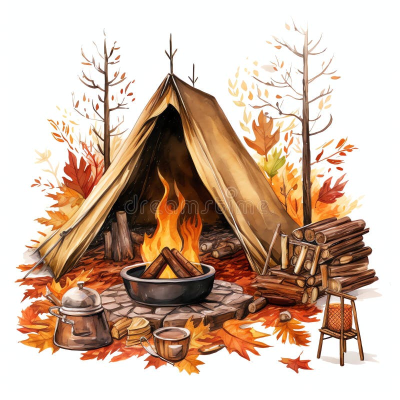 Campfire Connection Autumn Fall Watercolor Illustration Stock ...