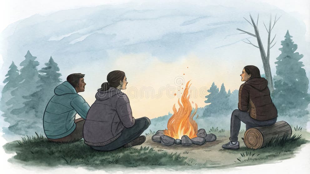 Campfire Conversation Watercolor, Three Figures Stock Illustration ...