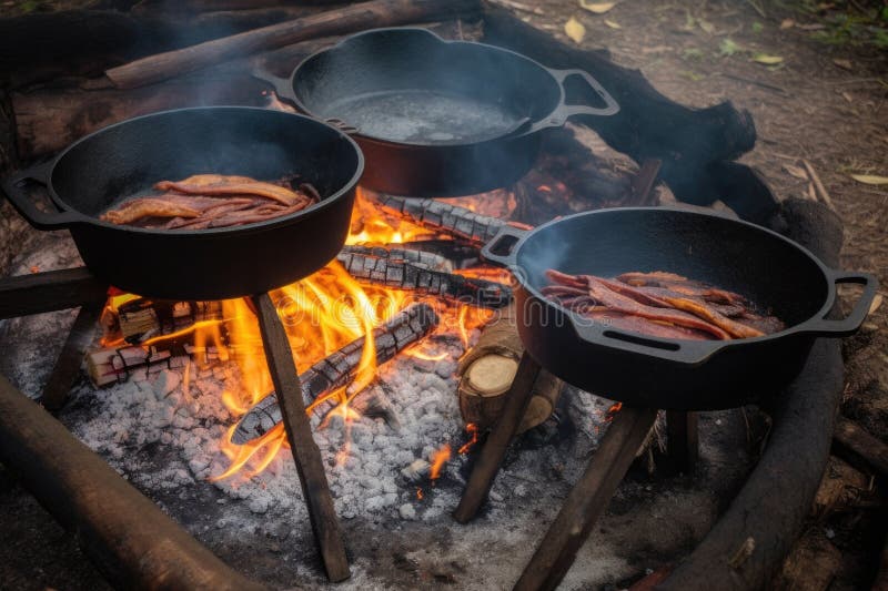 Campfire Cook with Cast-iron Skillet and Sizzling Bacon, Eggs and ...