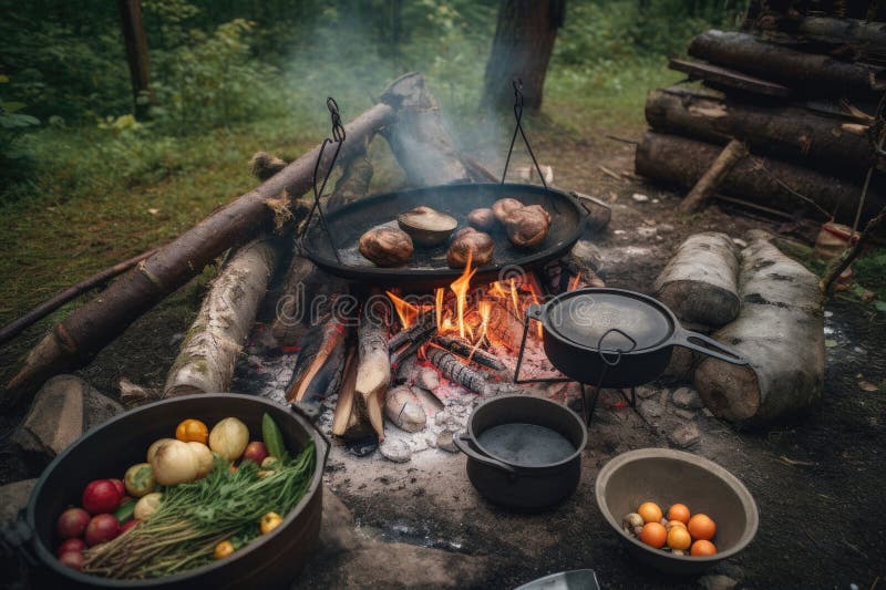 Campfire Cook, Preparing Meal with Fresh Ingredients and Spices on ...