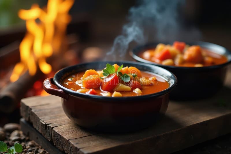 Campfire-cooked Stew in Enamelware Bowls Rustic Setting Exploration ...