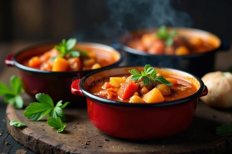 Campfire Cooked Stew in Enamelware Bowls, Rustic Setting, Fire, Dinner ...