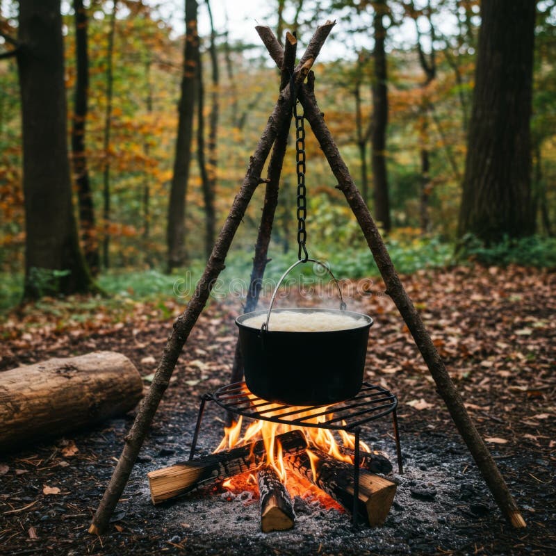 Campfire Cooking in Autumn Forest Stock Illustration - Illustration of adventure, outdoors ...