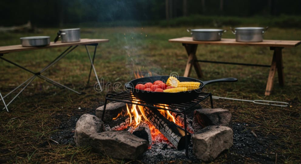 Campfire Cooking: Cast Iron Pan with Vegetables on a Rustic Campsite ...