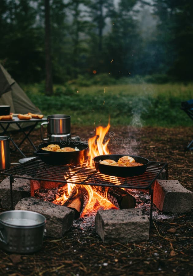 Campfire Cooking in a Dark Forest at Night Stock Illustration ...