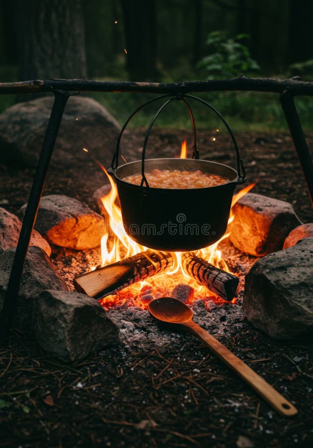 Campfire Cooking in Dark Forest at Night Stock Illustration ...