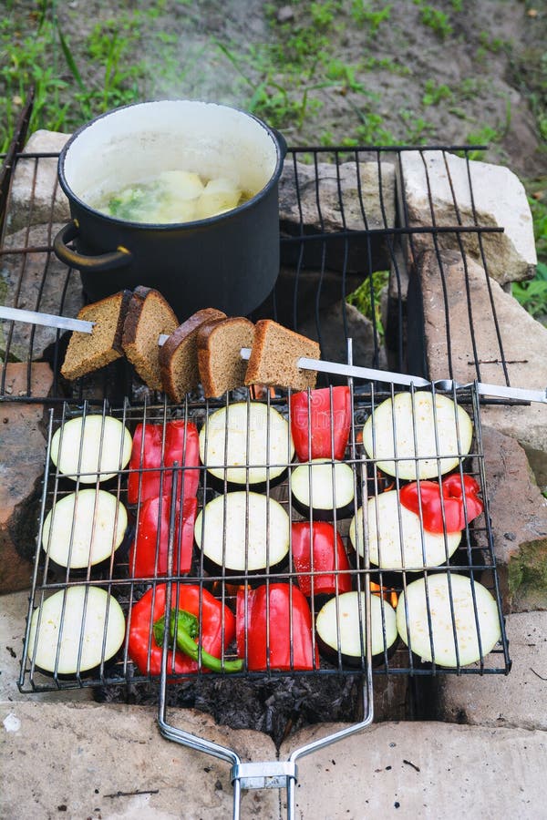 Campfire Cooking. Grilling Vegetables Stock Photo - Image of fireplace ...