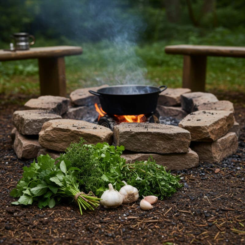 Campfire Cooking with Herbs and Garlic in Rustic Setting Stock ...