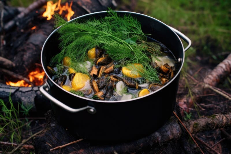 Campfire Cooking with Mussels and Herbs in a Pot Stock Illustration ...