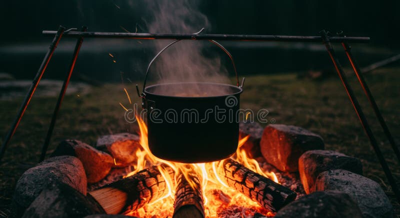 Campfire Cooking Pot Over Embers at Night Stock Illustration - Illustration of flame, night ...