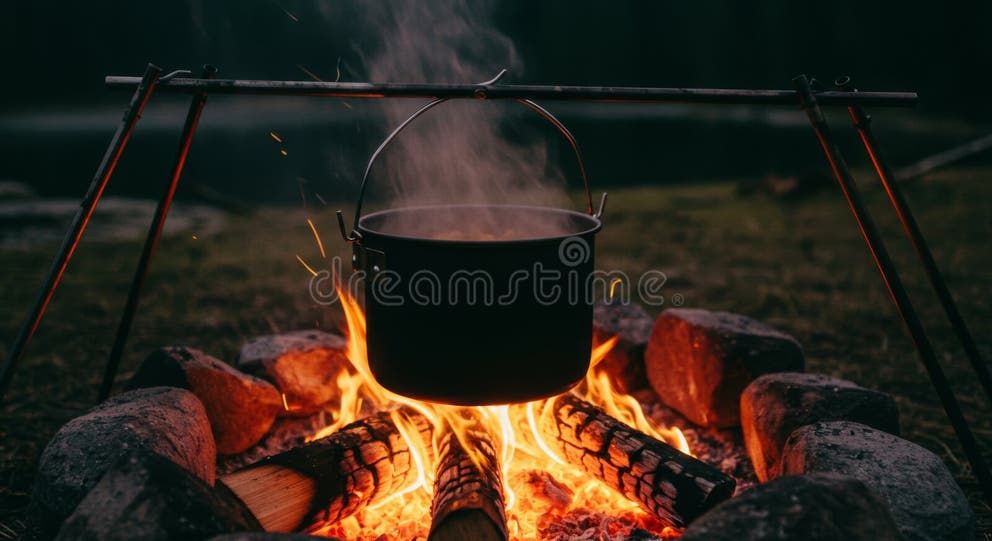 Campfire Cooking Pot Over Embers at Night Stock Illustration ...