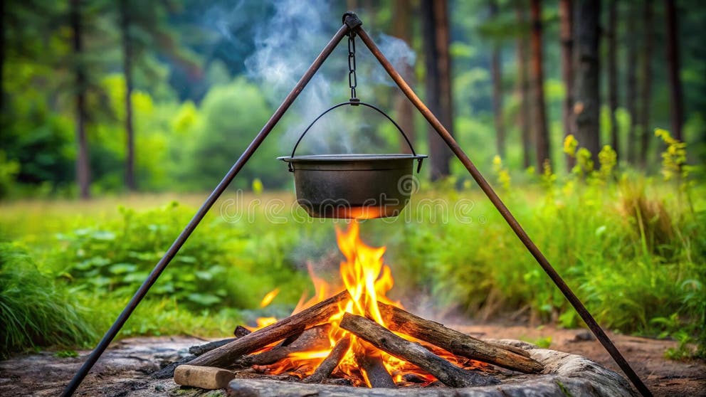 Rustic Culinary Adventure: Campfire Cooking Pot on Triangular Stand ...