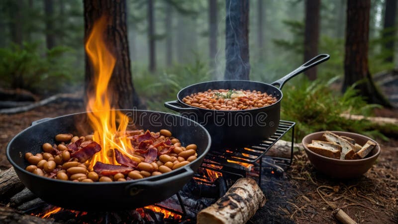 A Campfire Cooking Scene with Beans and Bacon in a Forest Setting Stock ...